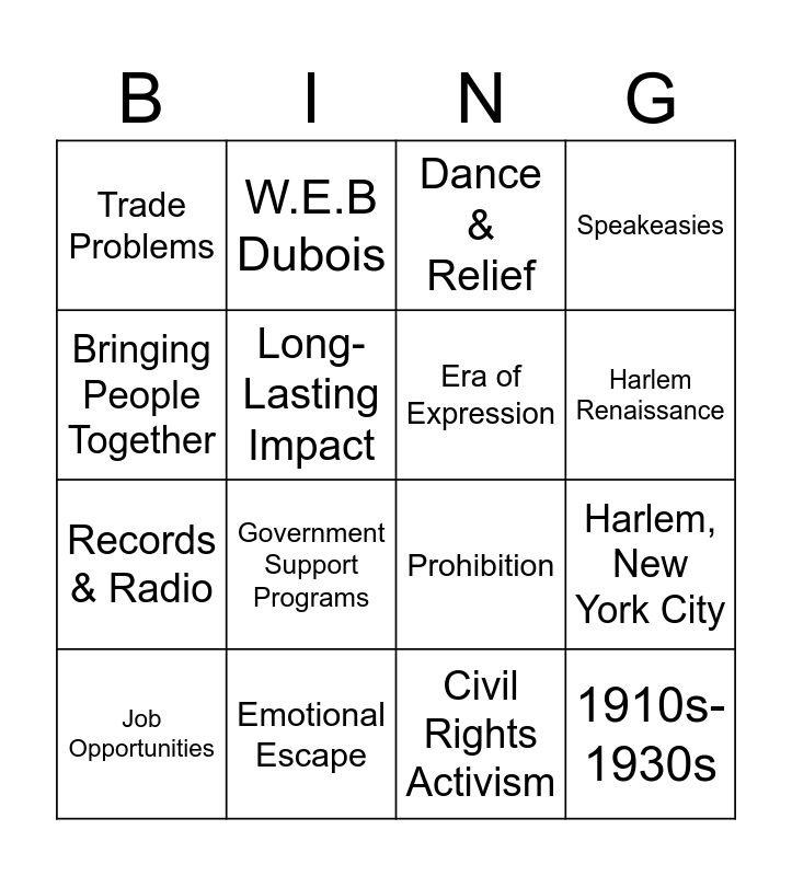 Jazz and The Great Depression Bingo Card