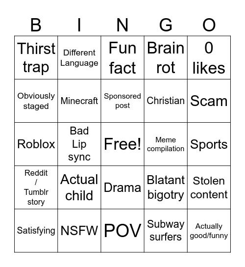 YT shorts BINGO Card