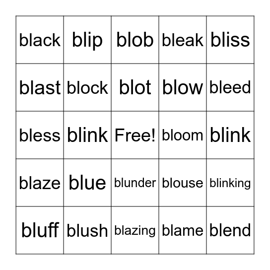 BL consonant blends Bingo Card