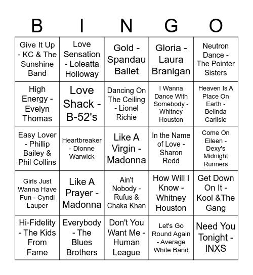 80s Music Bingo Card