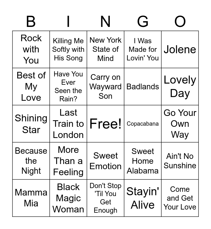 (G) 70s Music Bingo Round 4 Bingo Card