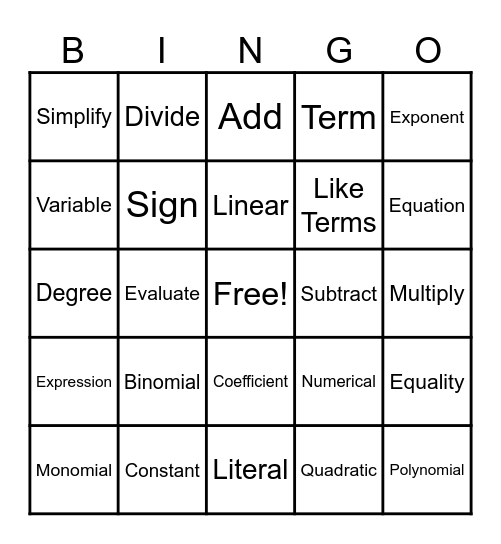 Algebraic Expression Bingo Card