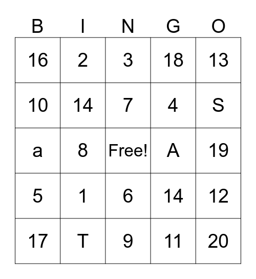 Numbers Bingo Card