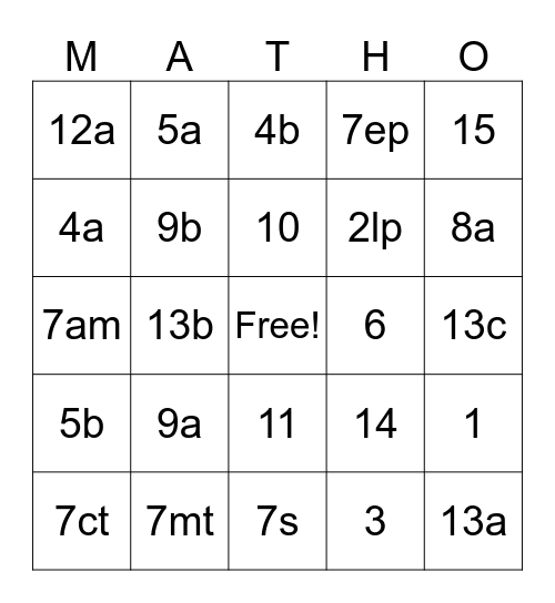 Ch. 9 Review Matho Bingo Card