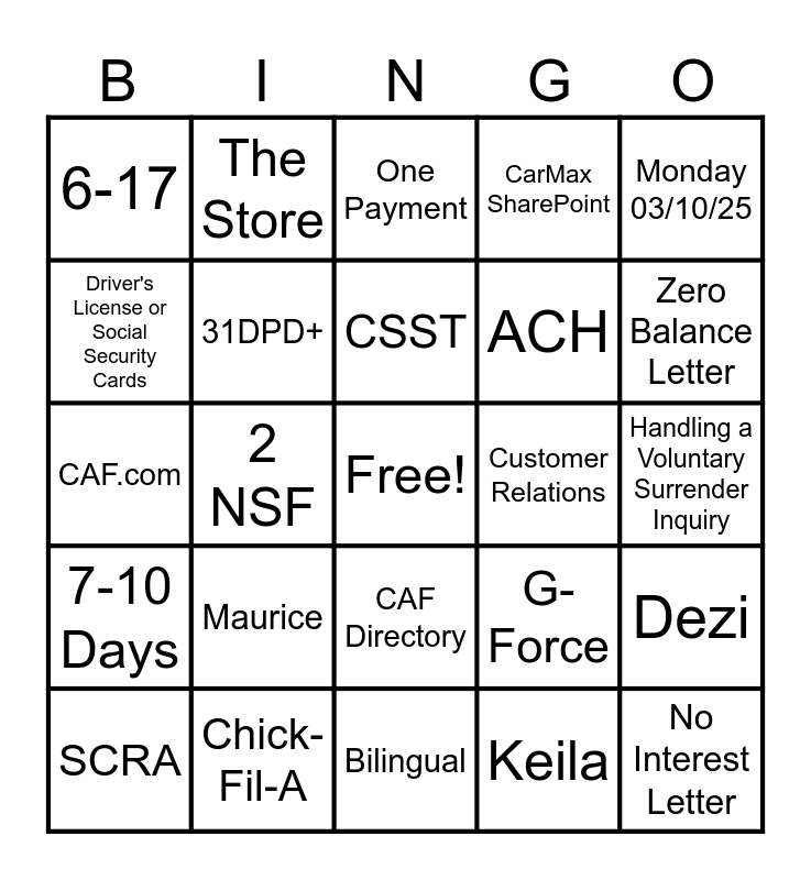 CAF Bingo Card