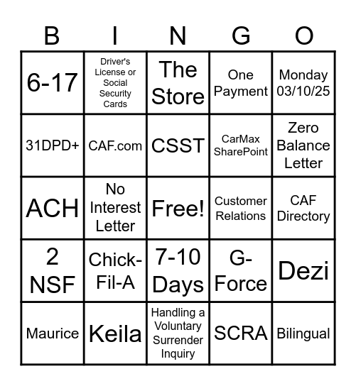 CAF Bingo Card