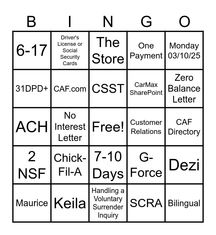 CAF Bingo Card