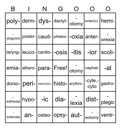 Human Body Word Dissection Bingo Card