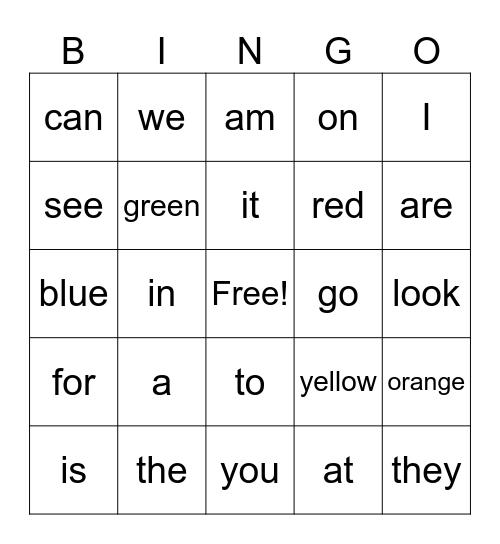 Sightword Bingo Card