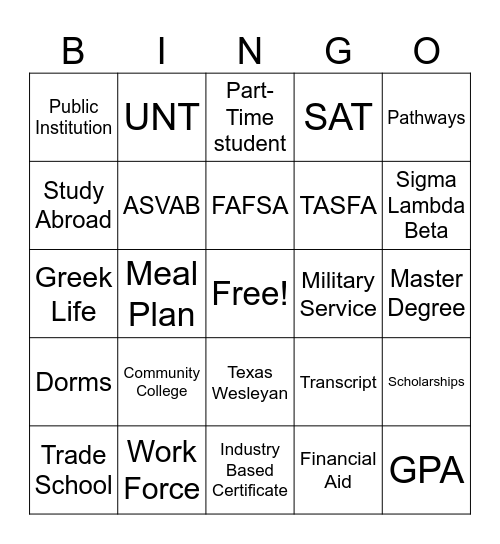 College & Career Bingo Card
