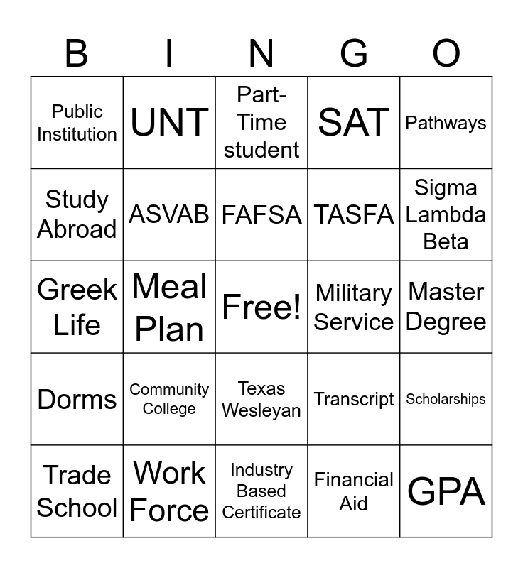 College & Career Bingo Card