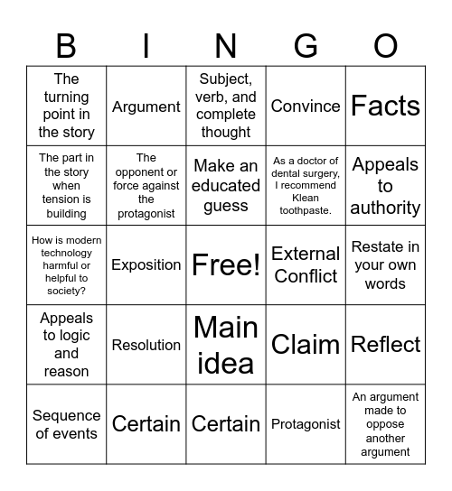 ELA Bingo Card