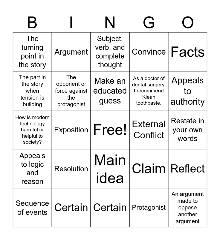 ELA Bingo Card
