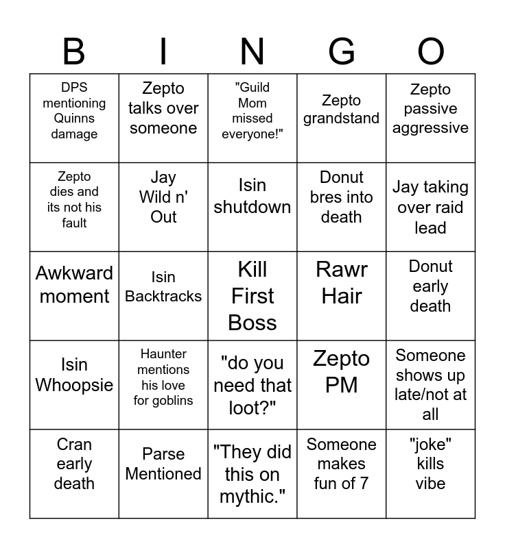 Raid Bingo Card