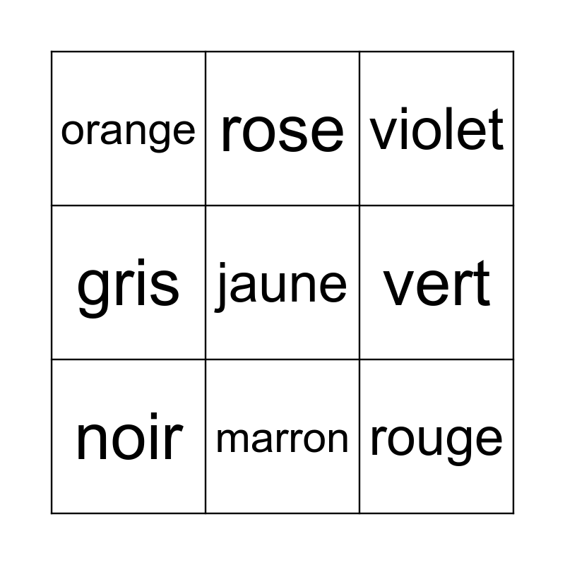 Les couleurs Bingo Card