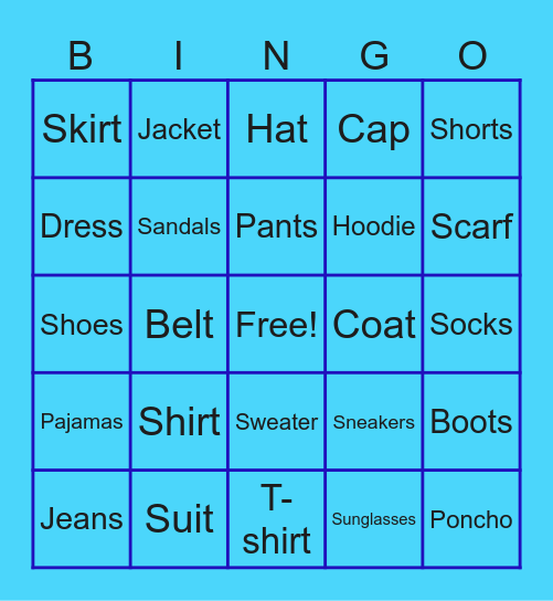 Clothes Vocabulary Bingo Card
