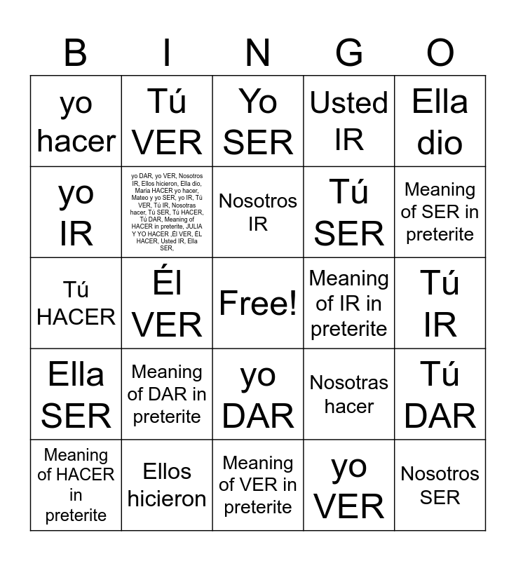 Main five irregular preterite Bingo Card