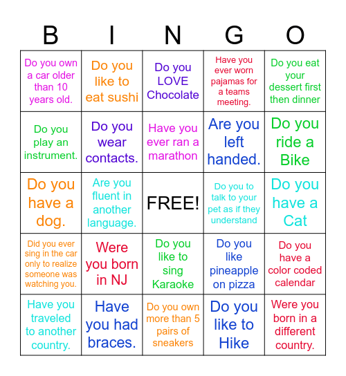 Getting To Know You!! Bingo Card