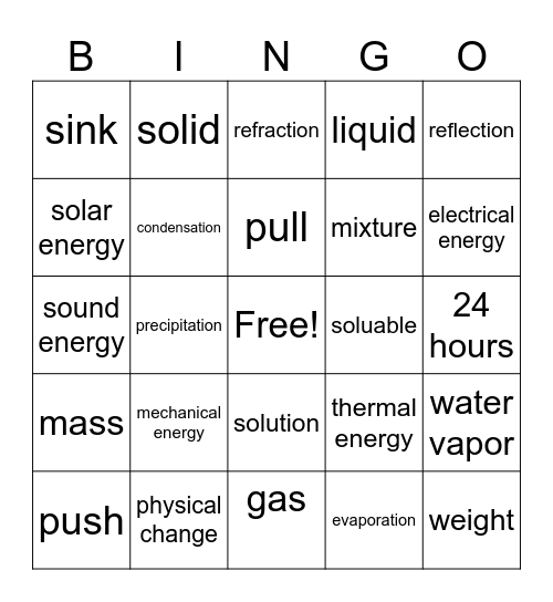 Matter, Force, Motion and Energy Bingo Card