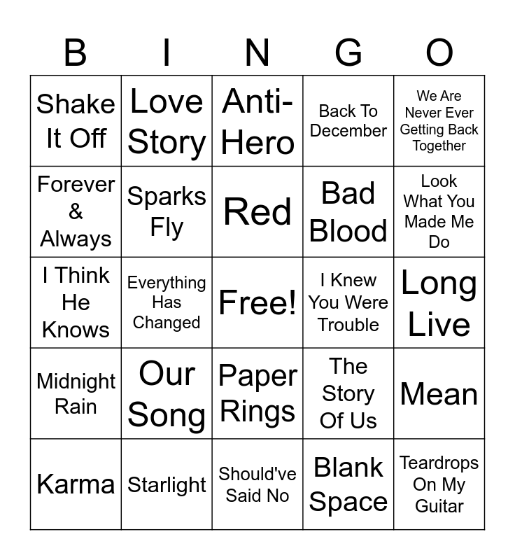 Taylor Swift! Bingo Card