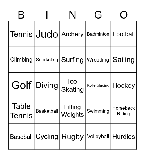 Sports Words Bingo Card