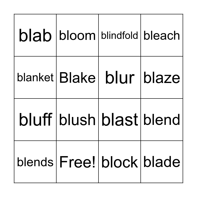Consonant Blend /bl/ Bingo Card