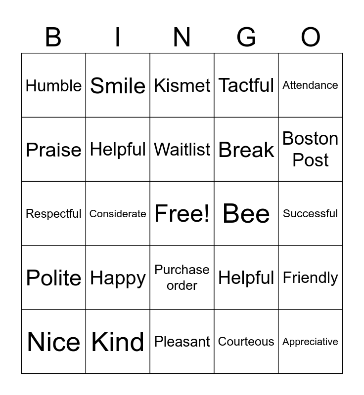 Bee Kind Bingo Card