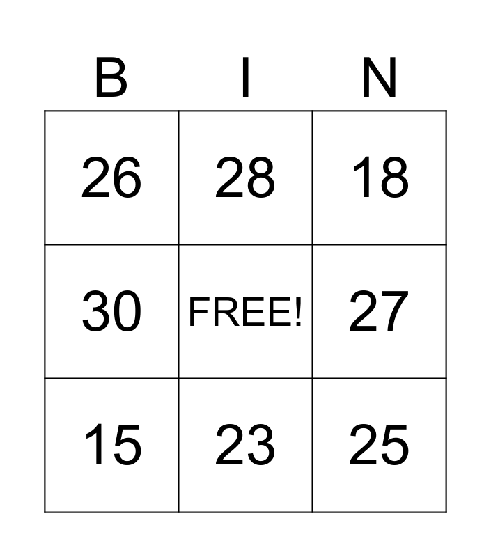NUMBERS 1 - 31 Bingo Card