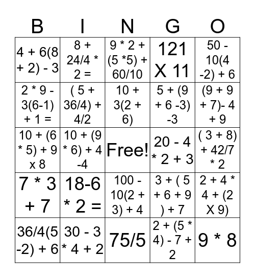 Pemdas Bingo Card Pemdas Bingo Card