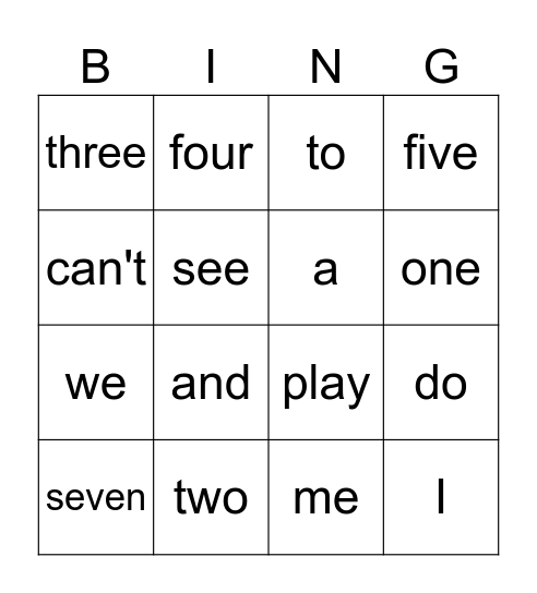 sight words Bingo Card