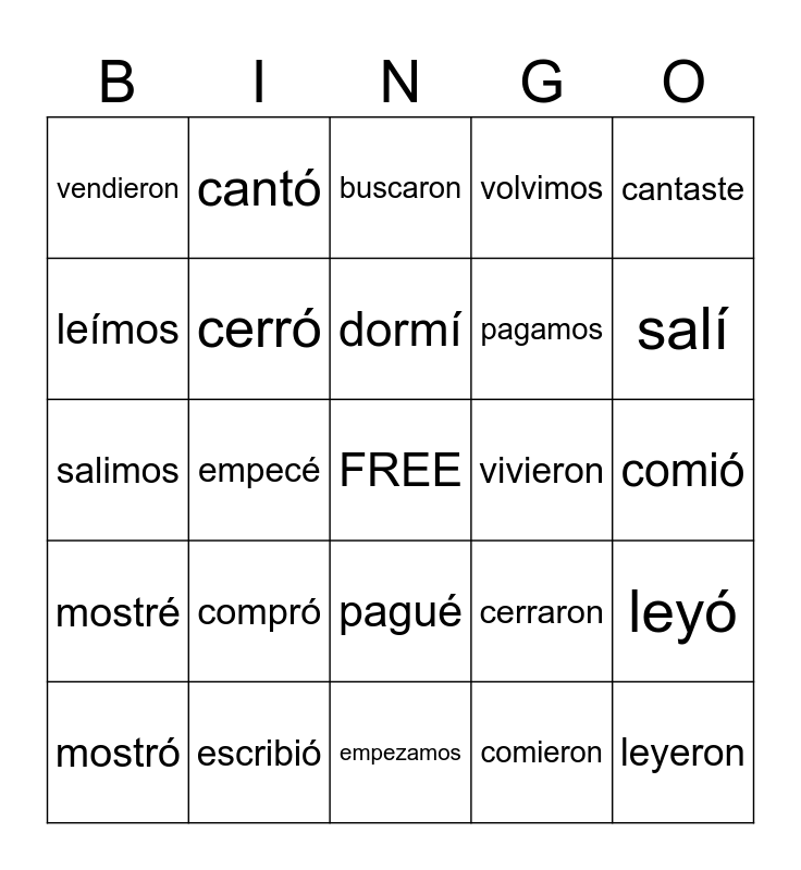 El pretérito regular Bingo Card