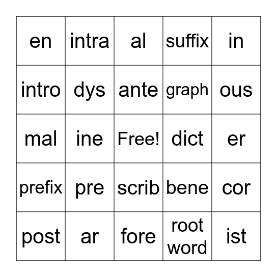 Roots, Prefixes, and Suffixes Bingo Card