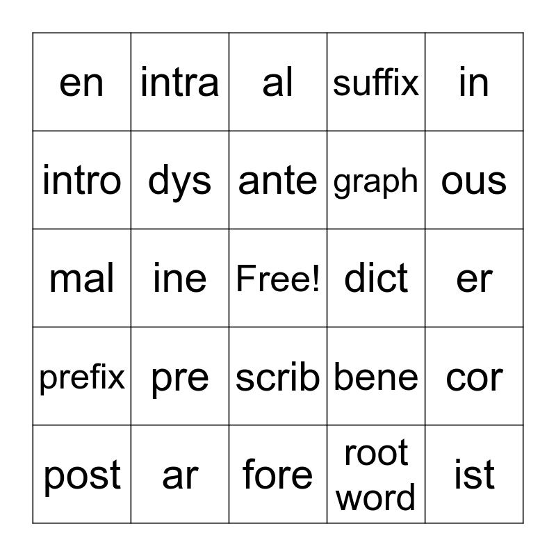 Roots, Prefixes, and Suffixes Bingo Card