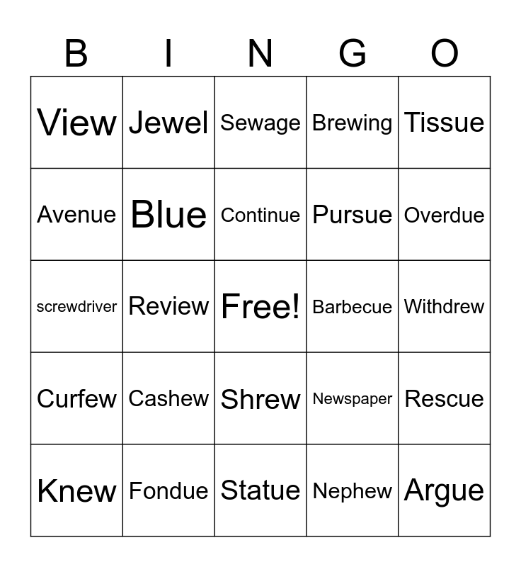 Long U Bingo Card
