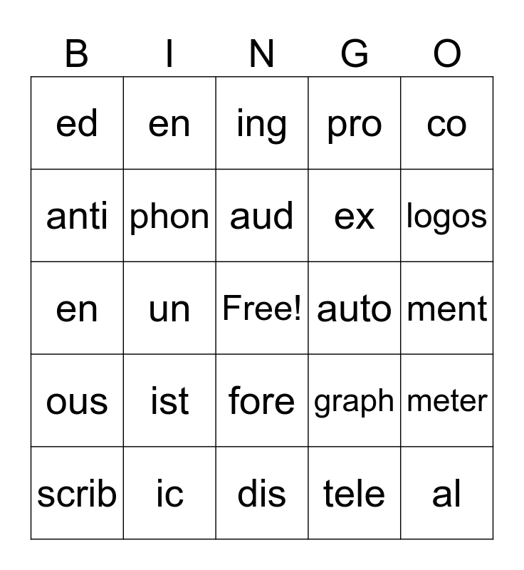 Roots, Prefixes, & Suffixes Bingo Card