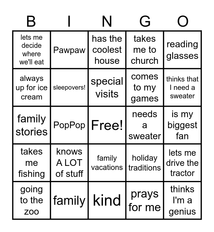 Grandparents Day BINGO! Bingo Card