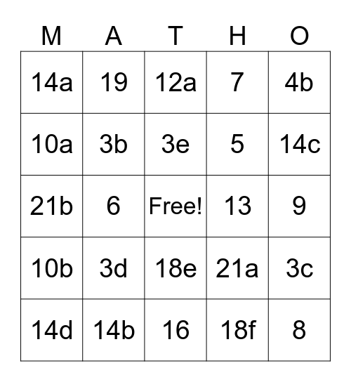 Ch. 9 Review Matho Bingo Card