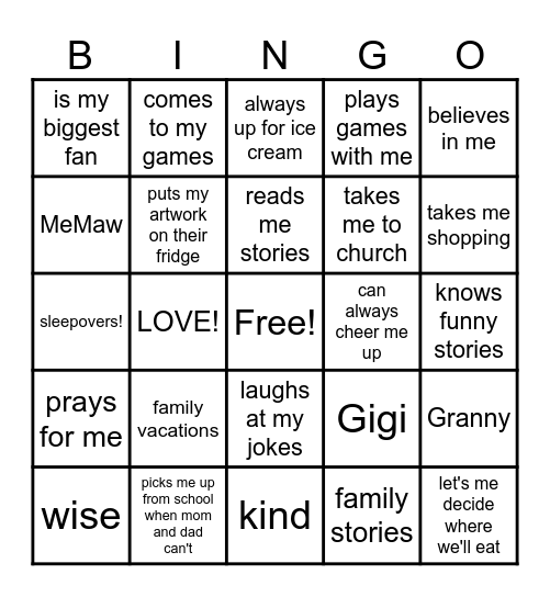 Grandparents Day BINGO! Bingo Card