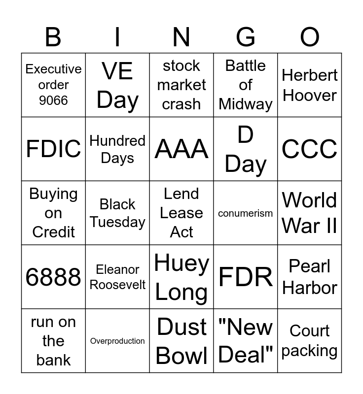 The Great Depression and World War II Bingo Card