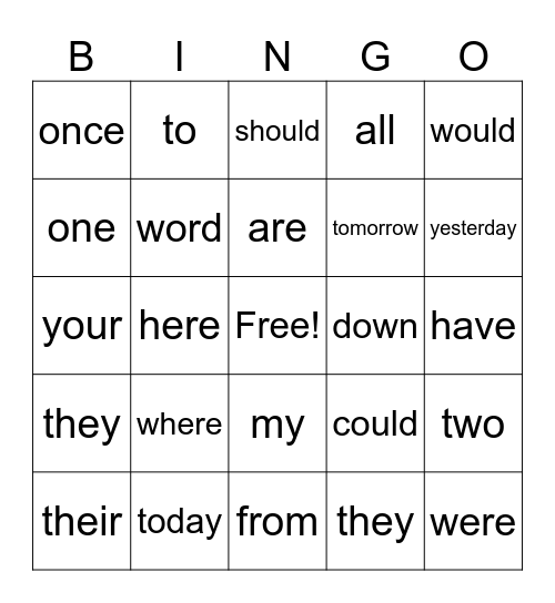 Tricky Word Bingo Card