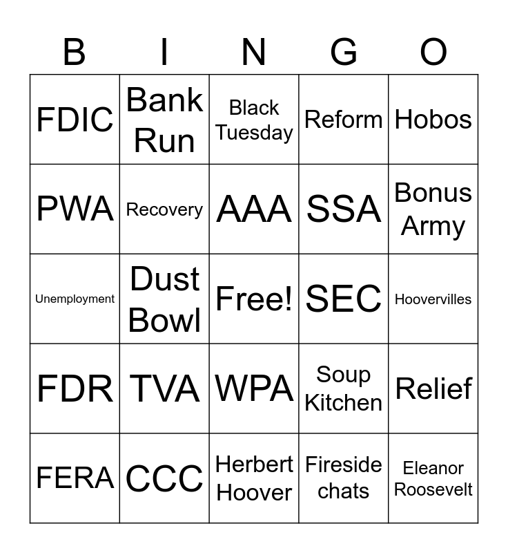 The Great Depression and New Deal Bingo Card