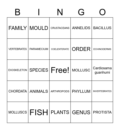 CLASSIFICATION OF LIVING THINGS Bingo Card