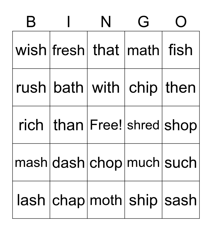 Digraph Bingo Card