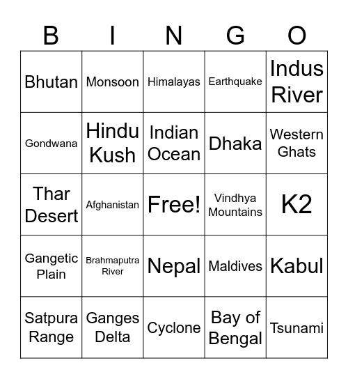 India Geography Bingo Card