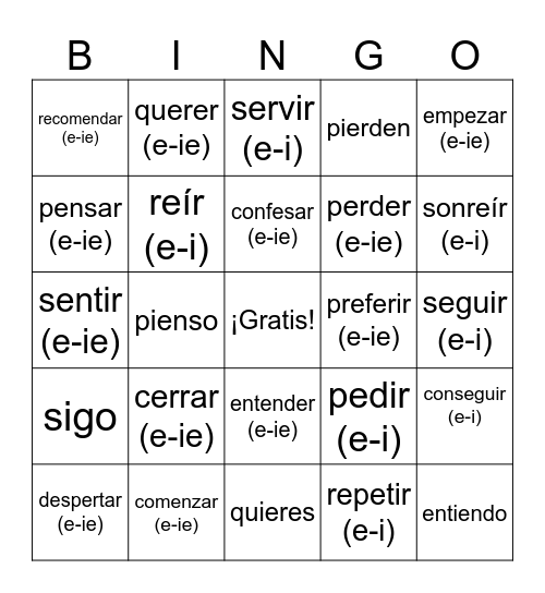 Spelling Change Verbs - Español II Bingo Card
