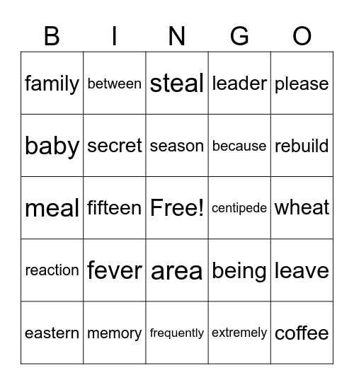 long e Bingo Card