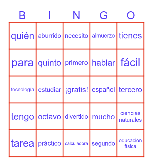 Lotería: 2A vocabulario Bingo Card
