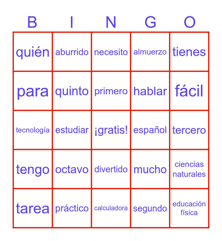Lotería: 2A vocabulario Bingo Card