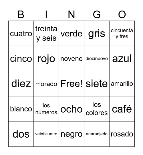 colores and numeros Bingo Card