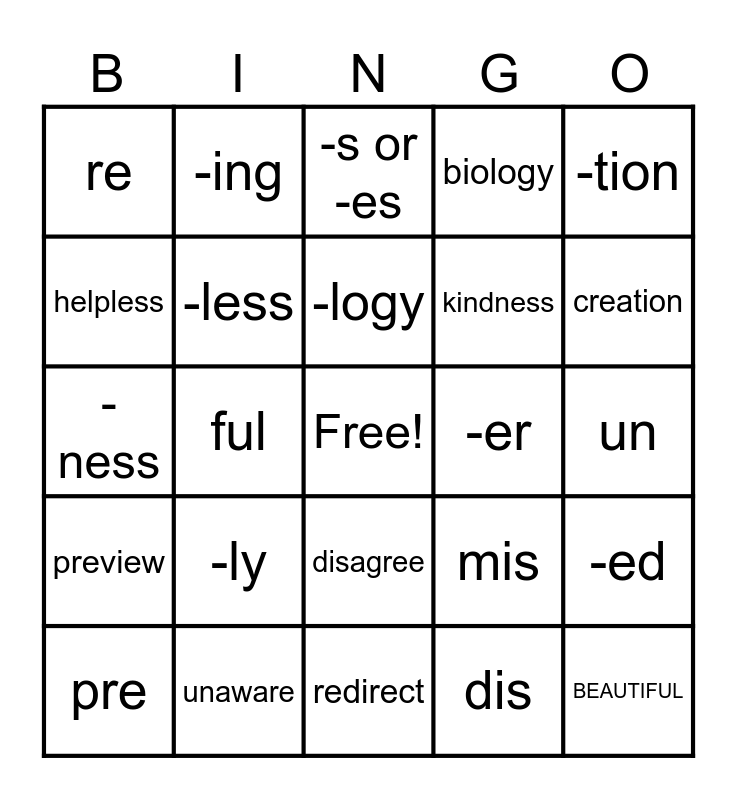 Prefix & Suffix Bingo Card